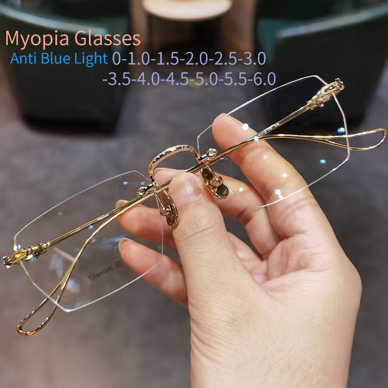 Anti Blue Light Rimless Myopia Glasses Women Men Luxury Metal ...