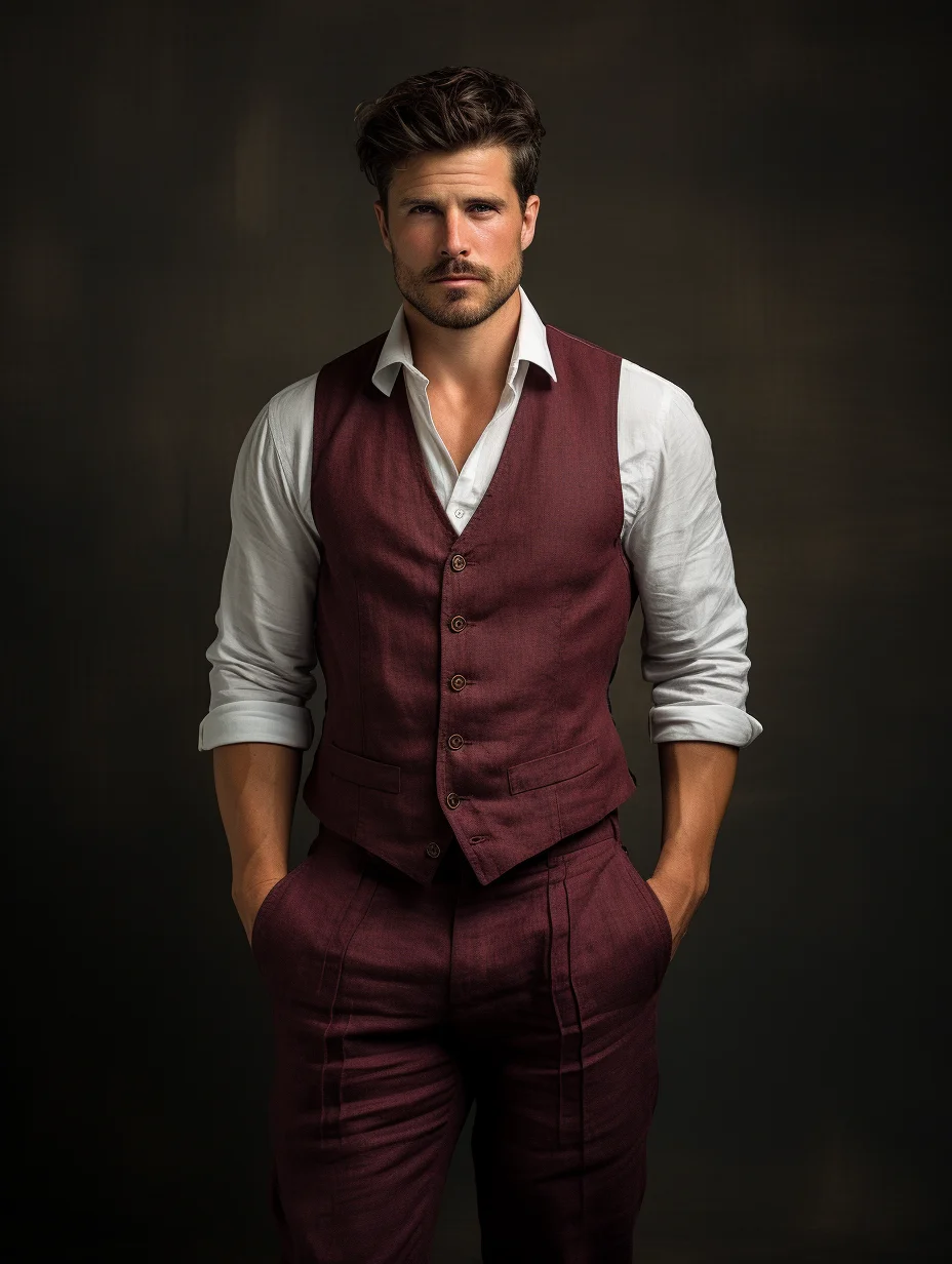 Wine Red Linen Vintage Gentlemen Vest