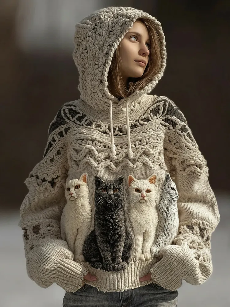Women's Cute Cat Embroidered Hooded Sweater