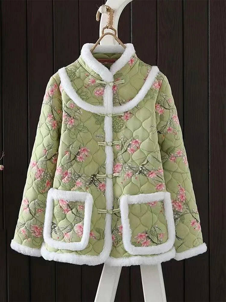 Women's Green and White Grid Chinese-style Padded Jacket