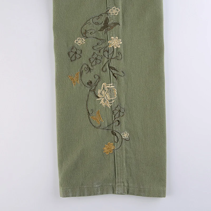 ARMY GREEN FLOWER EMBROIDERED CARGO BELTED JEANS