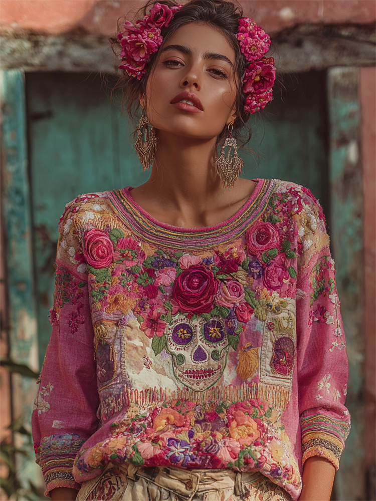 Mexican Sugar Skull Ethnic Floral Embroidered Patchwork Linen Tunic 27.99