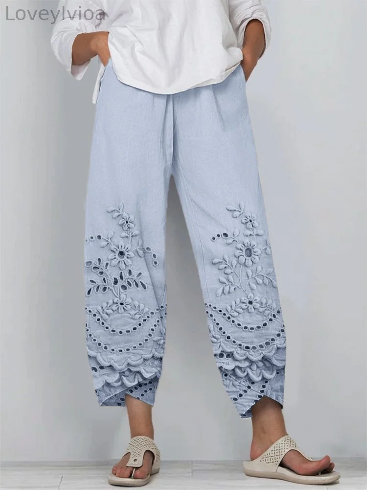 Cottage Floral Embroidered Lace Hem Linen Blend Cropped Pants
