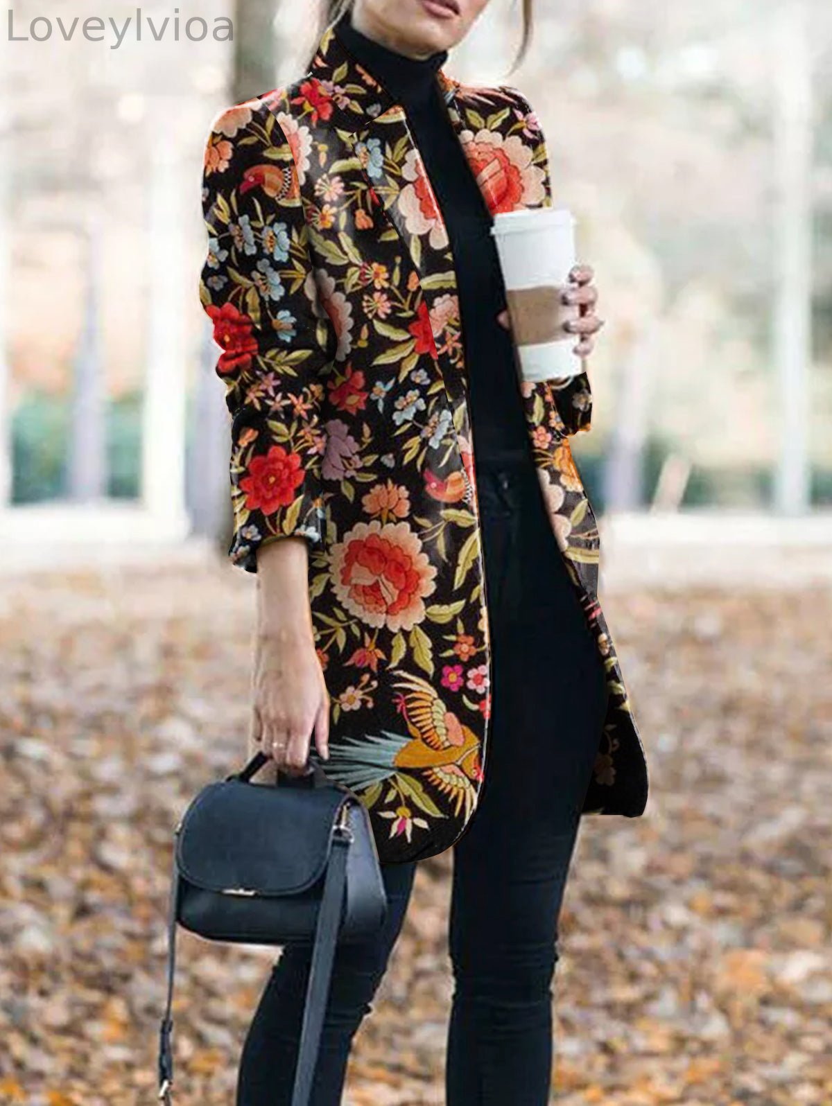 Ursime Notch Collar Floral Curved Hem Overcoat