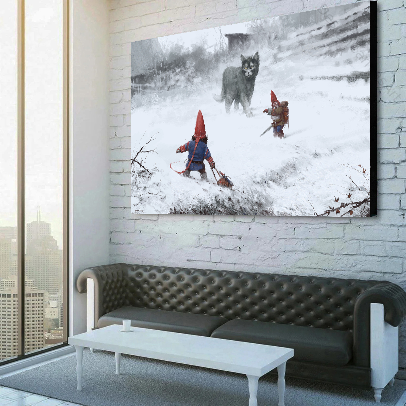 Gnomes vs Giant Cat Canvas | Funny Fantasy Decor