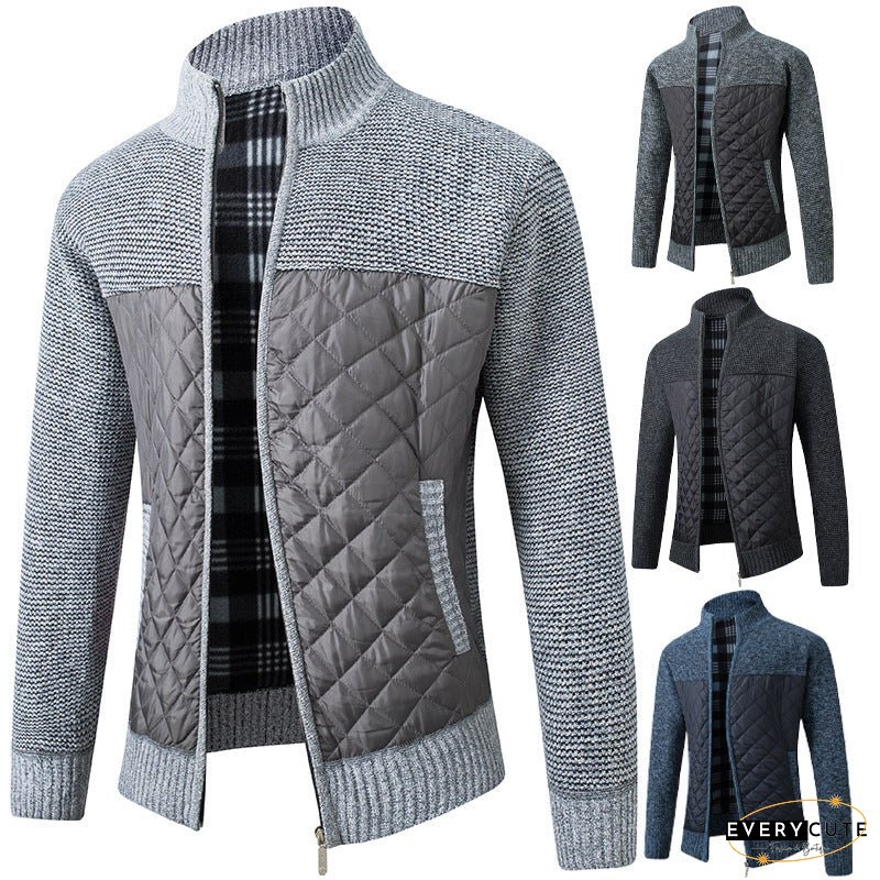 Men's Stand Collar Striped Plaid Zipper Sweater Coat