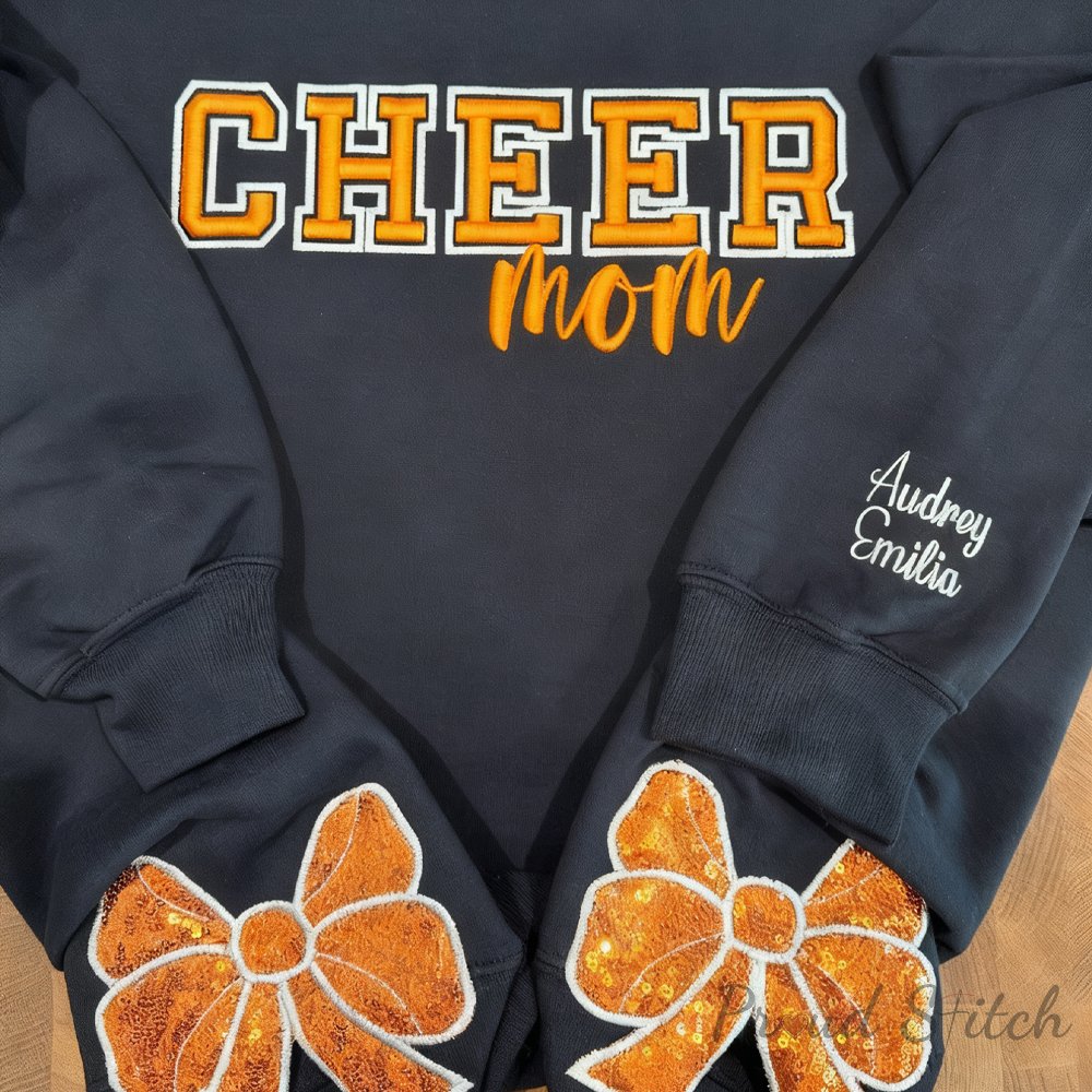 Personalized Puff Embroidered Cheer mom Sweatshirt with Sequin Side Bows
