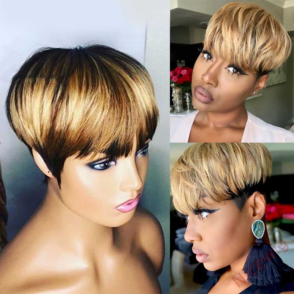 Black Gold Short Straight Bob Pixe Cut Hair