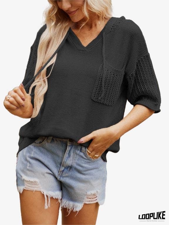 V-neck hooded drawstring pocket knit T-shirt - LoopLike