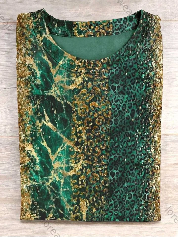 Women's Marble Leopard Patchwork Abstract Print Irregular Top