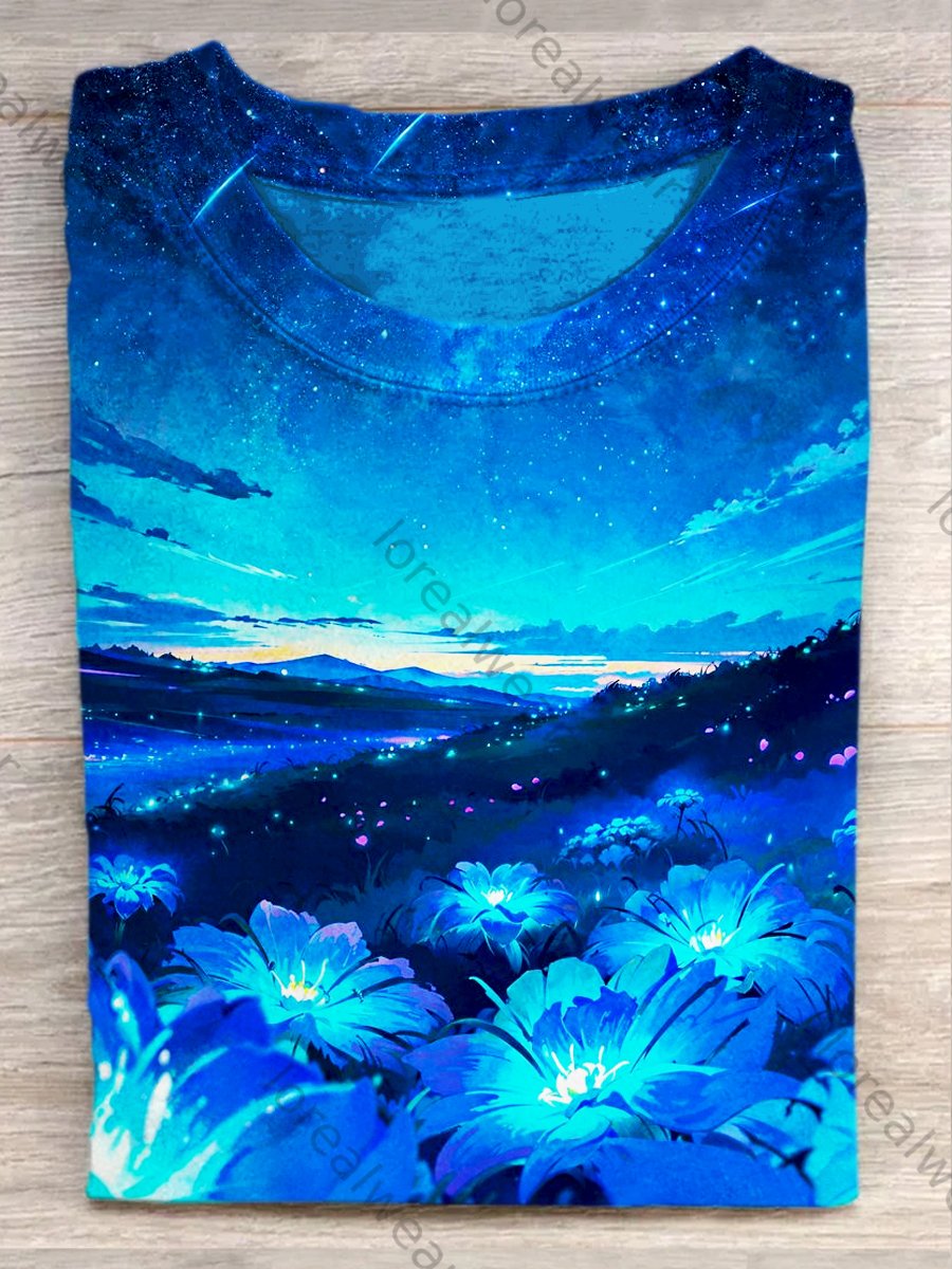 Art Fluorescent Starry Night Graphic Design Short Sleeve T-Shirt