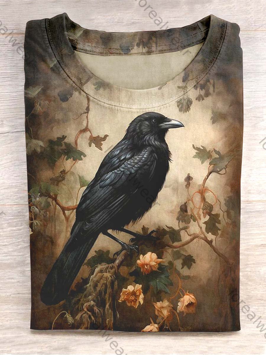 Unisex Vintage Floral Raven Print Casual Crew Neck T-Shirt
