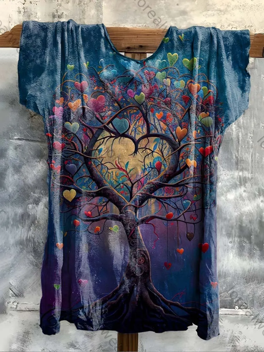 Lorealwear-Abstract Love Tree Print Casual Short Sleeve T-Shirt