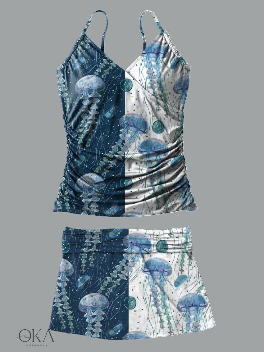V-Neck Vintage Patchwork Jellyfish Print Suspender Skirt Tankini ...