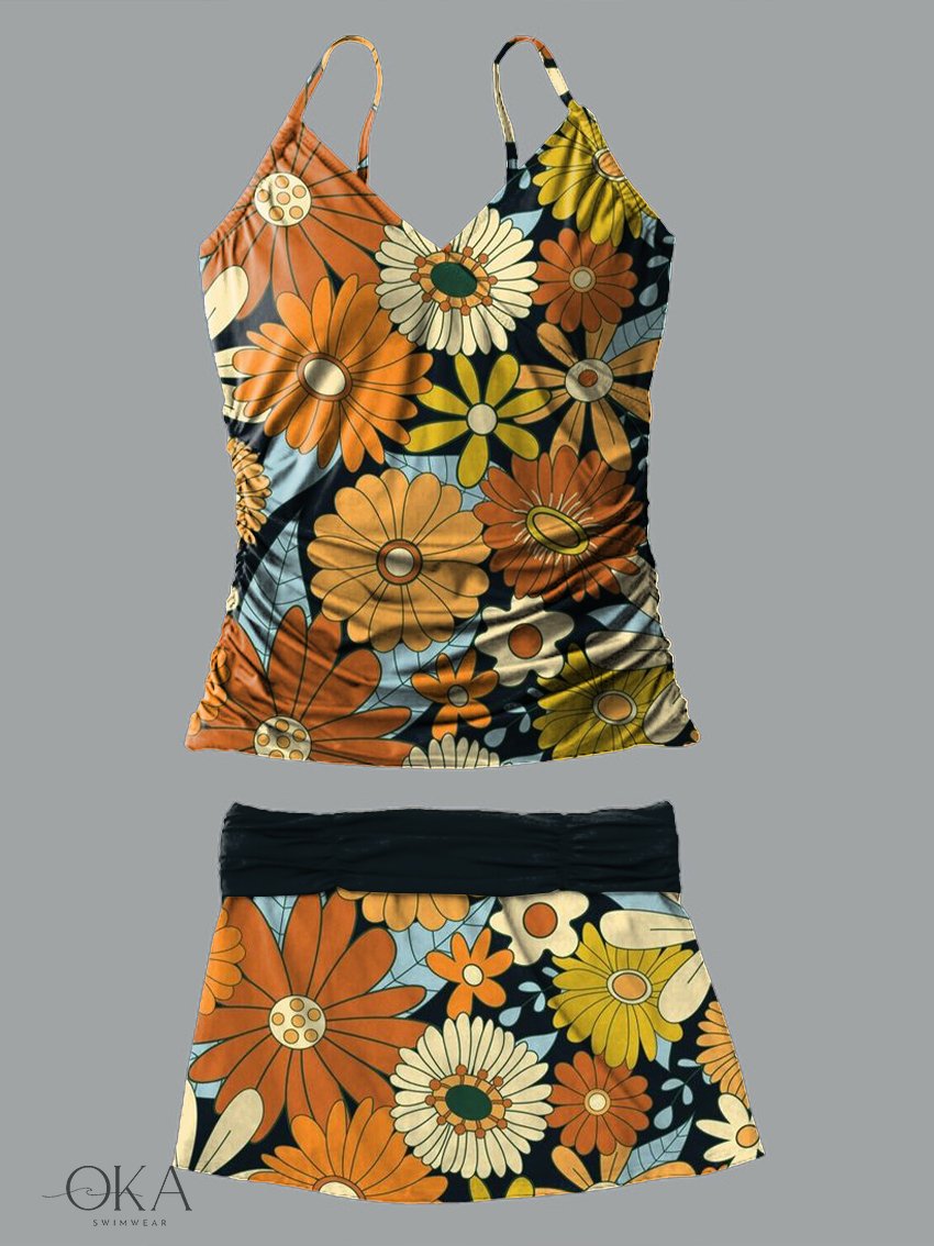 V-Neck Balck Flower Hippie Print Suspender Skirt Tankini Pantskirt Set ...