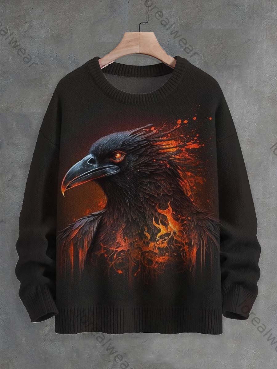 Lorealwear-Unisex Flame Raven Print Crew Neck Casual Sweater