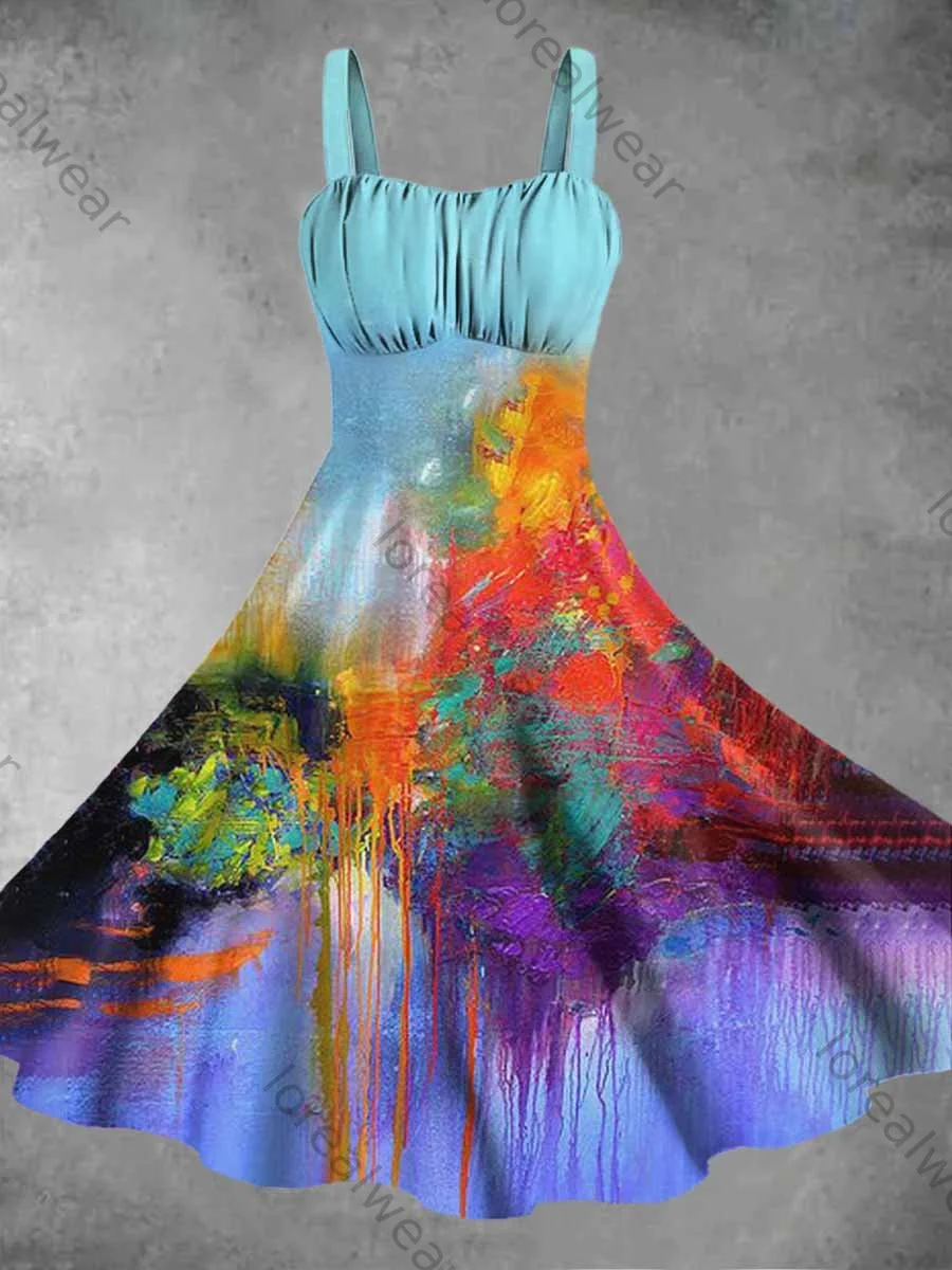 Women's Colorful Oil Painting Print Suspender Dress