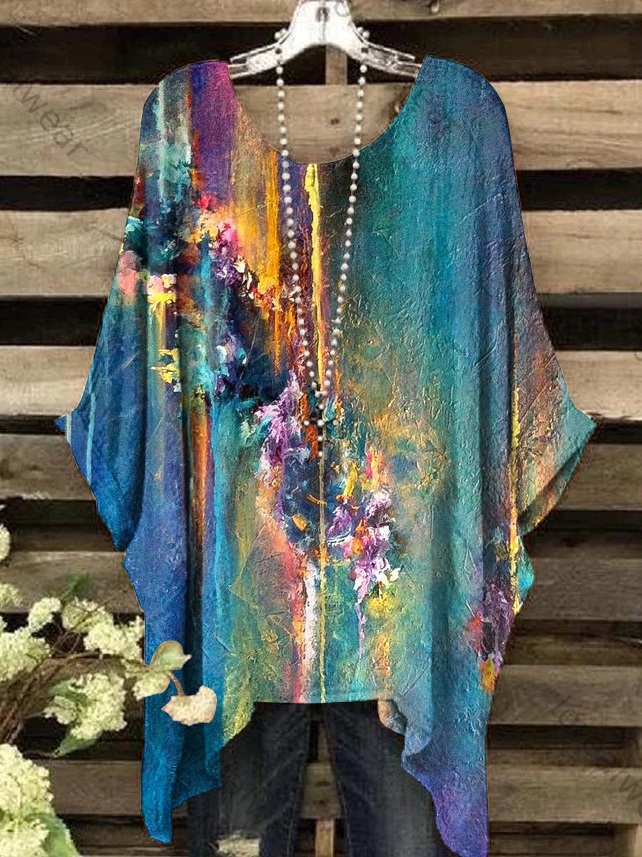 Lorealwear-Women's Vintage Abstract Color Textured Art Print Crew Neck Top