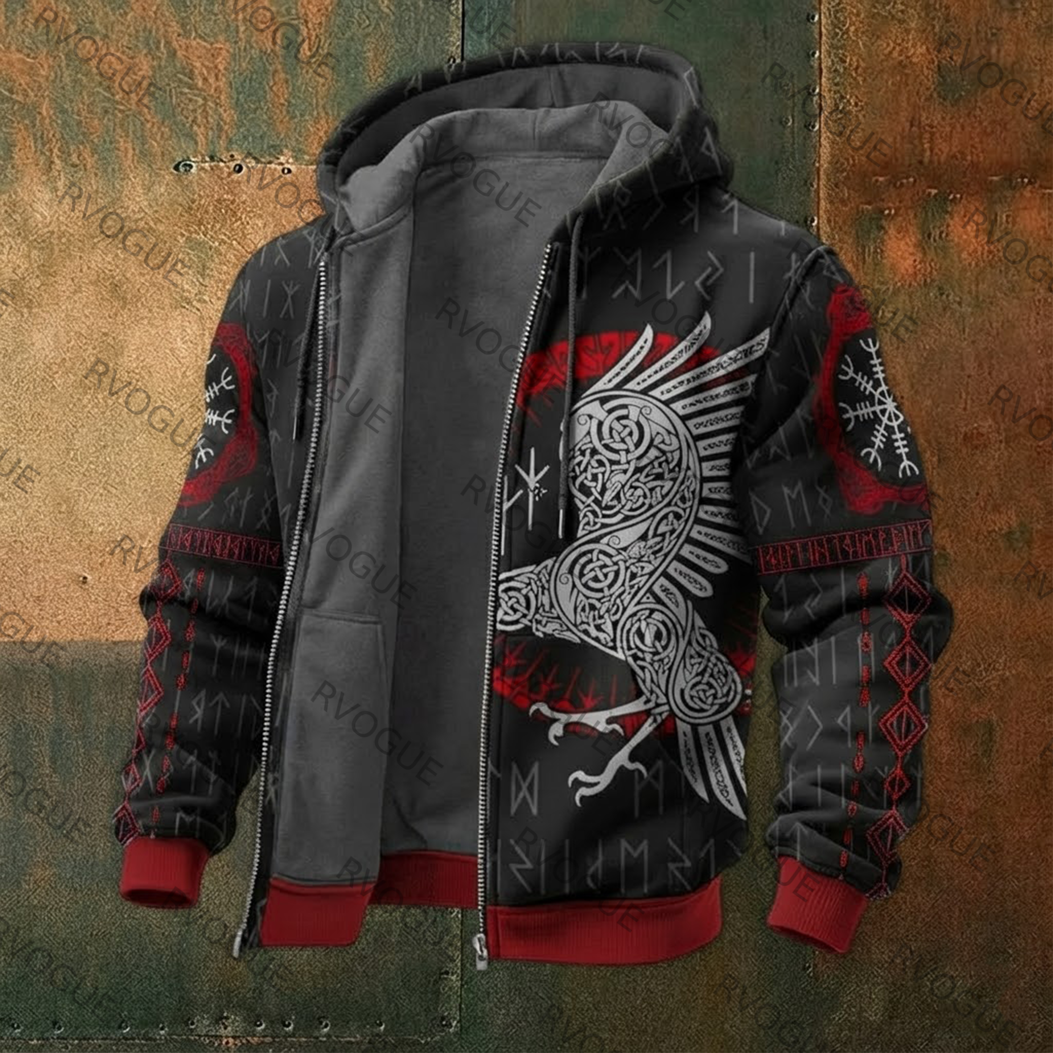 Nordic Style Runes Raven Totem Viking Vintage Zip-up Hoodie