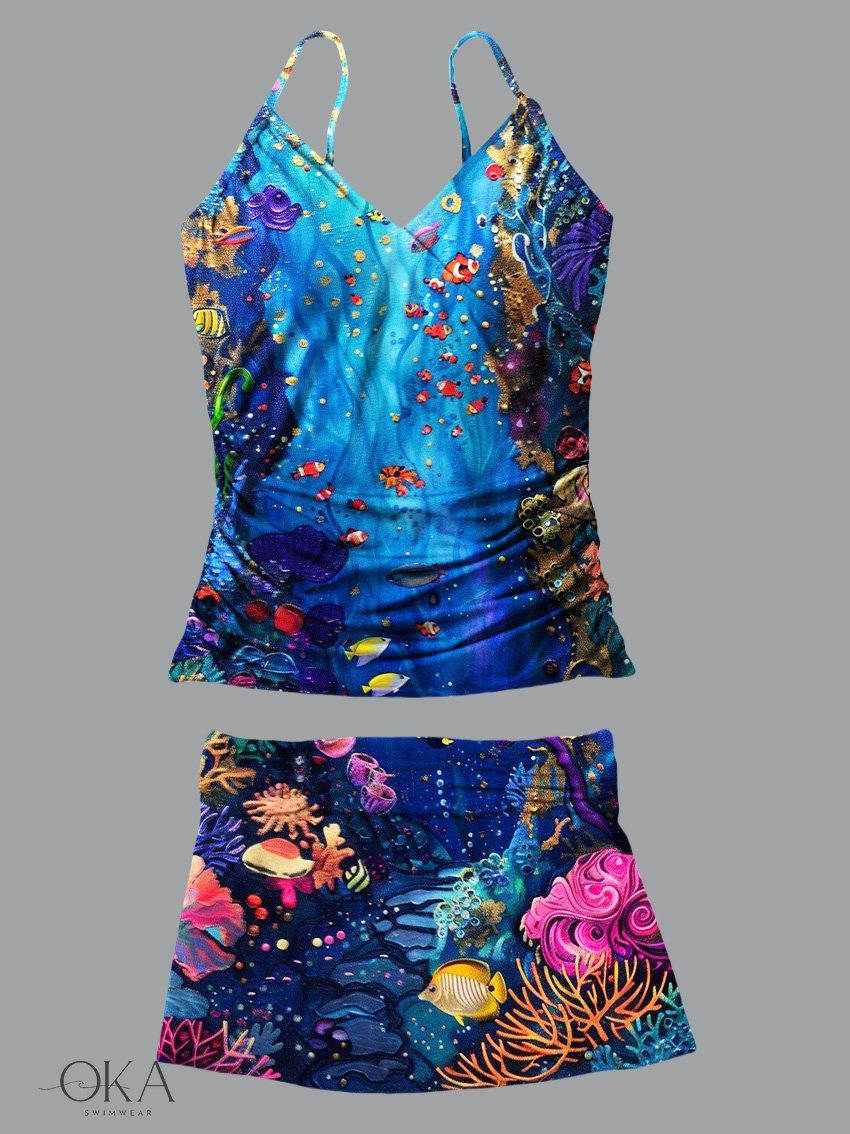 V-Neck Retro Hippie Floral Print Suspender Skirt Tankini Pantskirt Set ...