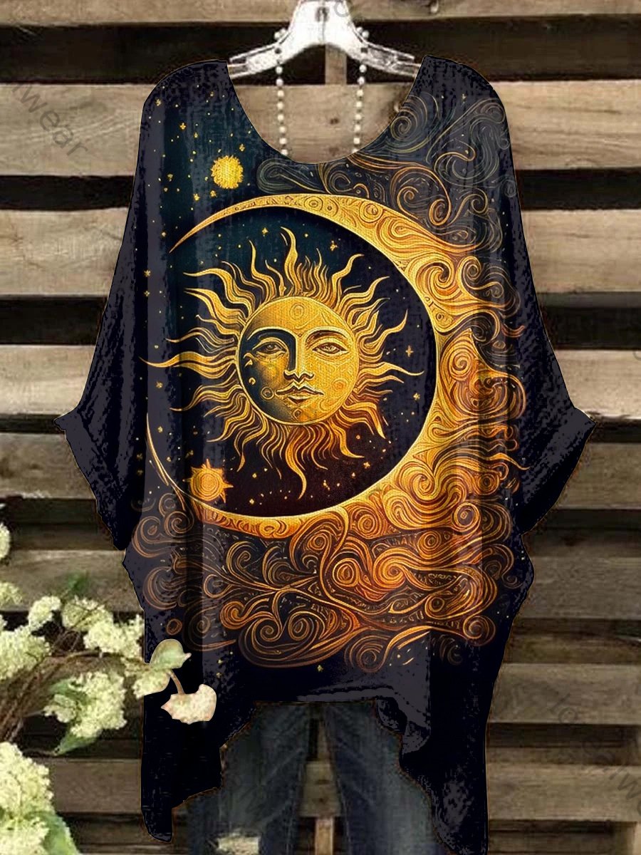 Lorealwear-Women's Vintage Abstract Star And Moon Art Print Crew Neck Top