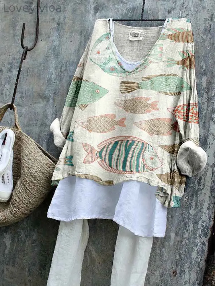 Marine Fish Graphic Linen Blend Flowy Tunic