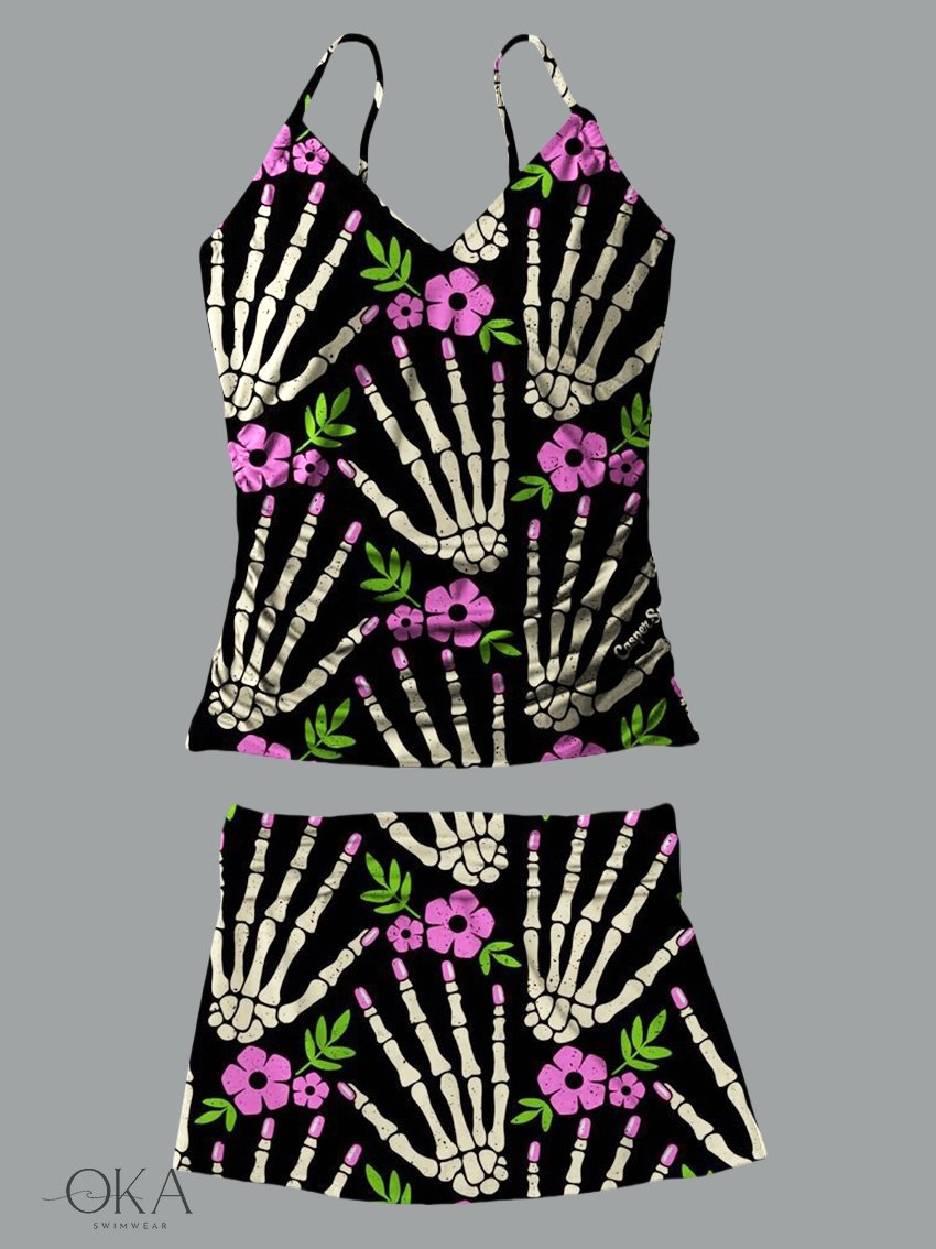 V-Neck Vintage Skull Floral Print Suspender Skirt Tankini Pantskirt Set ...