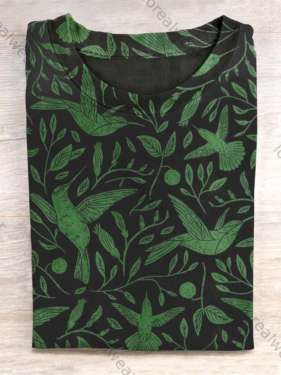 Unisex Abstract Leaves and Birds Print Casual T-shirt