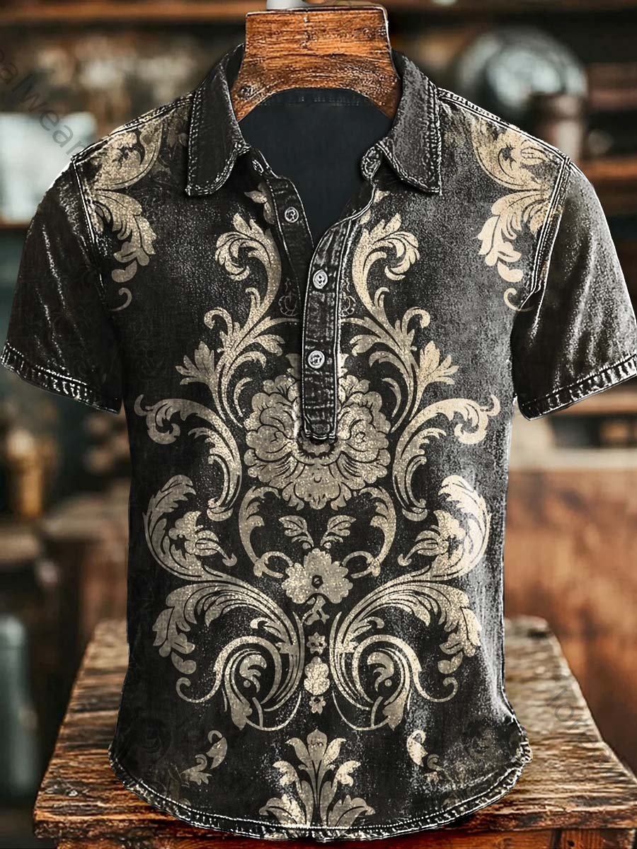 LorealwearVintage Abstract Art Floral Print Casaul Short Sleeve Polo Shirt