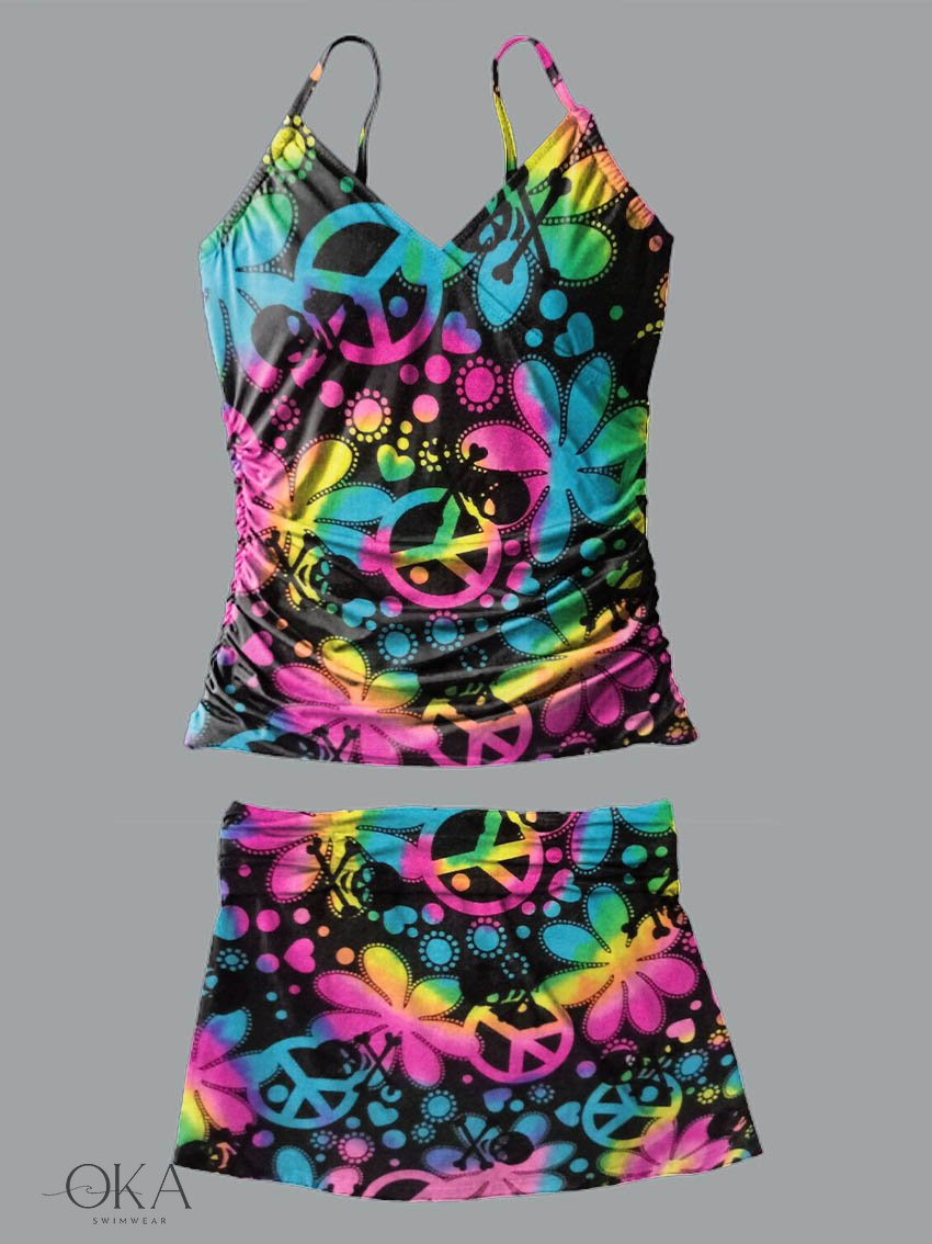 V-Neck Vintage Hippie Flowers Print Suspender Skirt Tankini Pantskirt ...