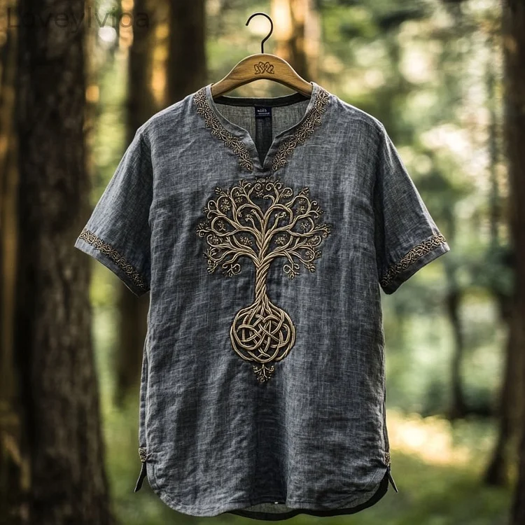 Men's Viking Tree Of Life Embroidery Linen Shirt