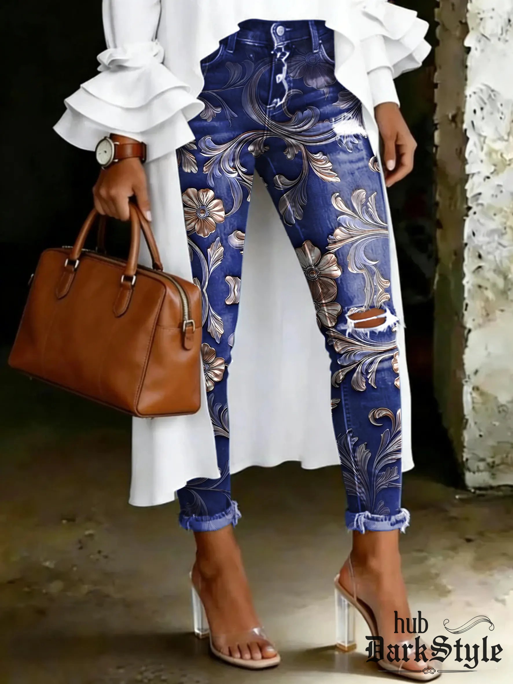Women's Vintage Floral Print Casual High-waisted Ripped Skinny Jeans