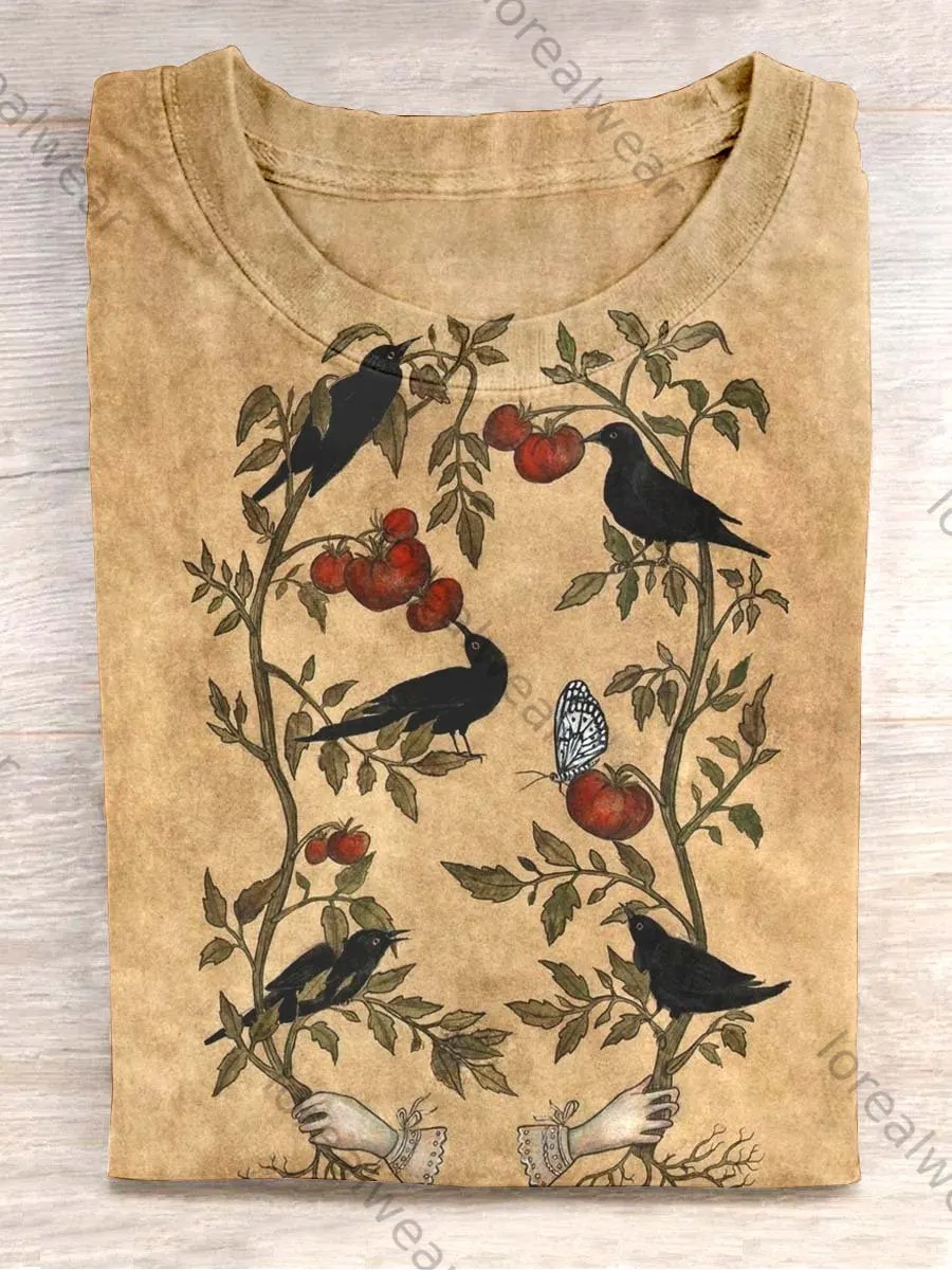 Lorealwear-Unisex Vintage Plant Raven Print Casual Crew Neck T-Shirt