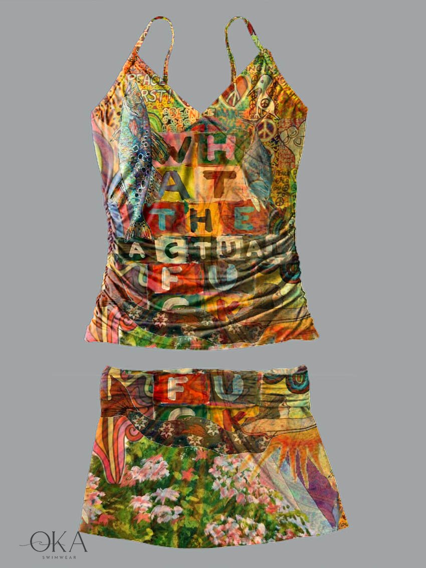 V-Neck Vintage Hippie Flowers Print Suspender Skirt Tankini Pantskirt ...