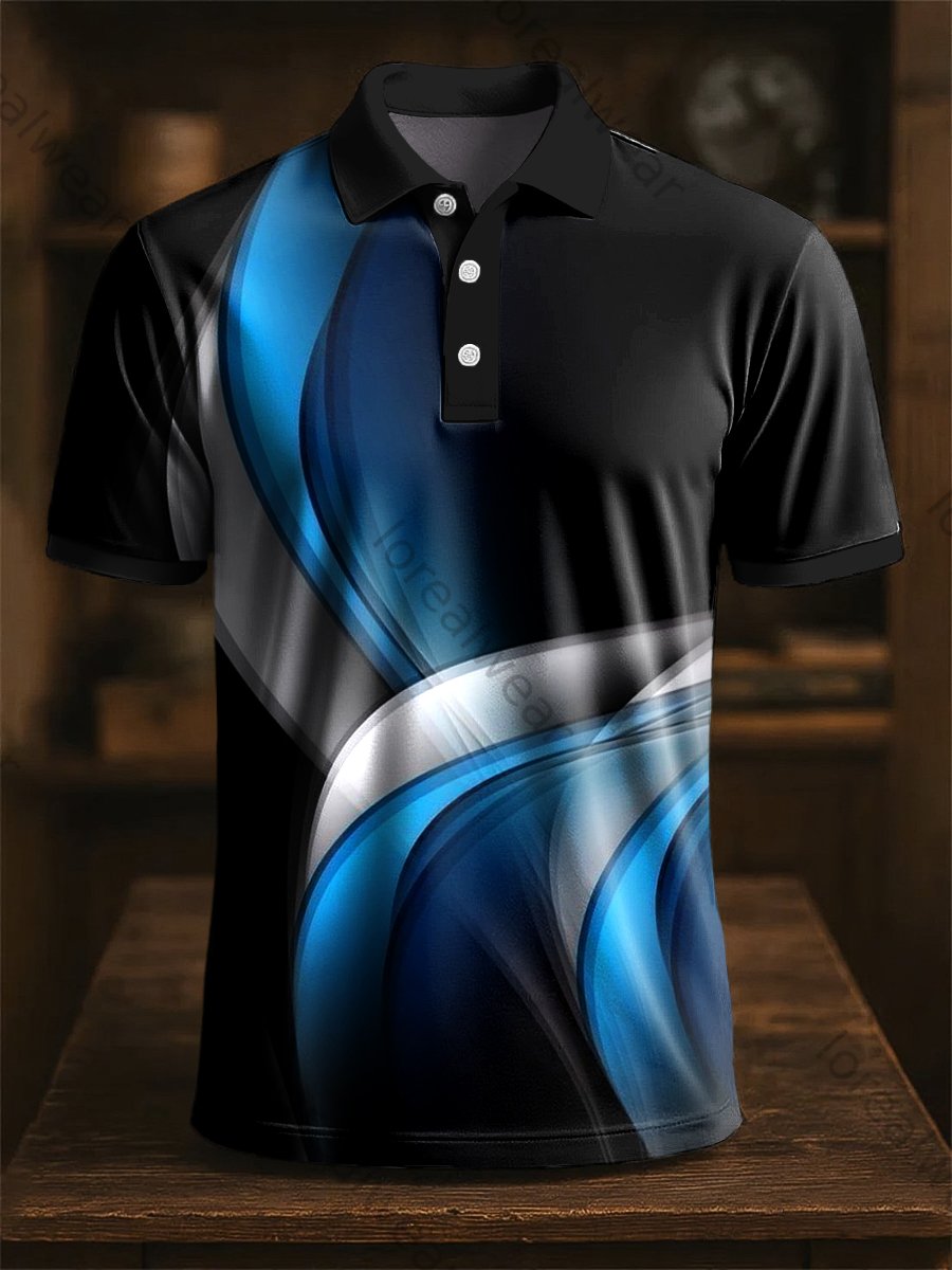 LorealwearMen's Retro Abstract Line Art Print Casual Business Polo Shirt