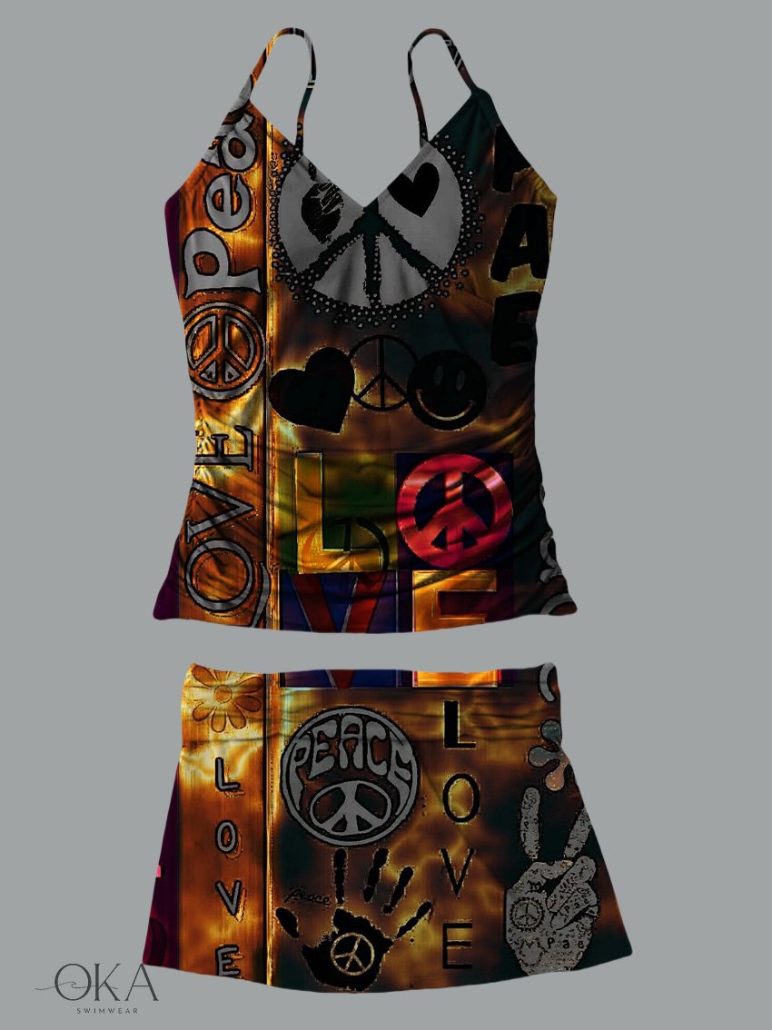 V-Neck Retro Multicolor hippie Print Suspender Skirt Tankini Pantskirt ...