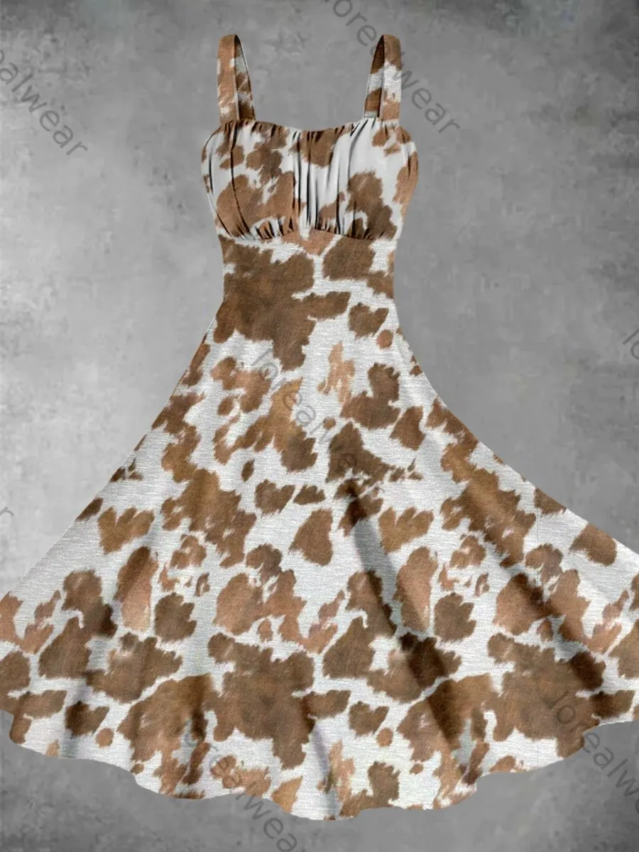 Vintage Western Style Cow Pattern Print Sleeveless Dress