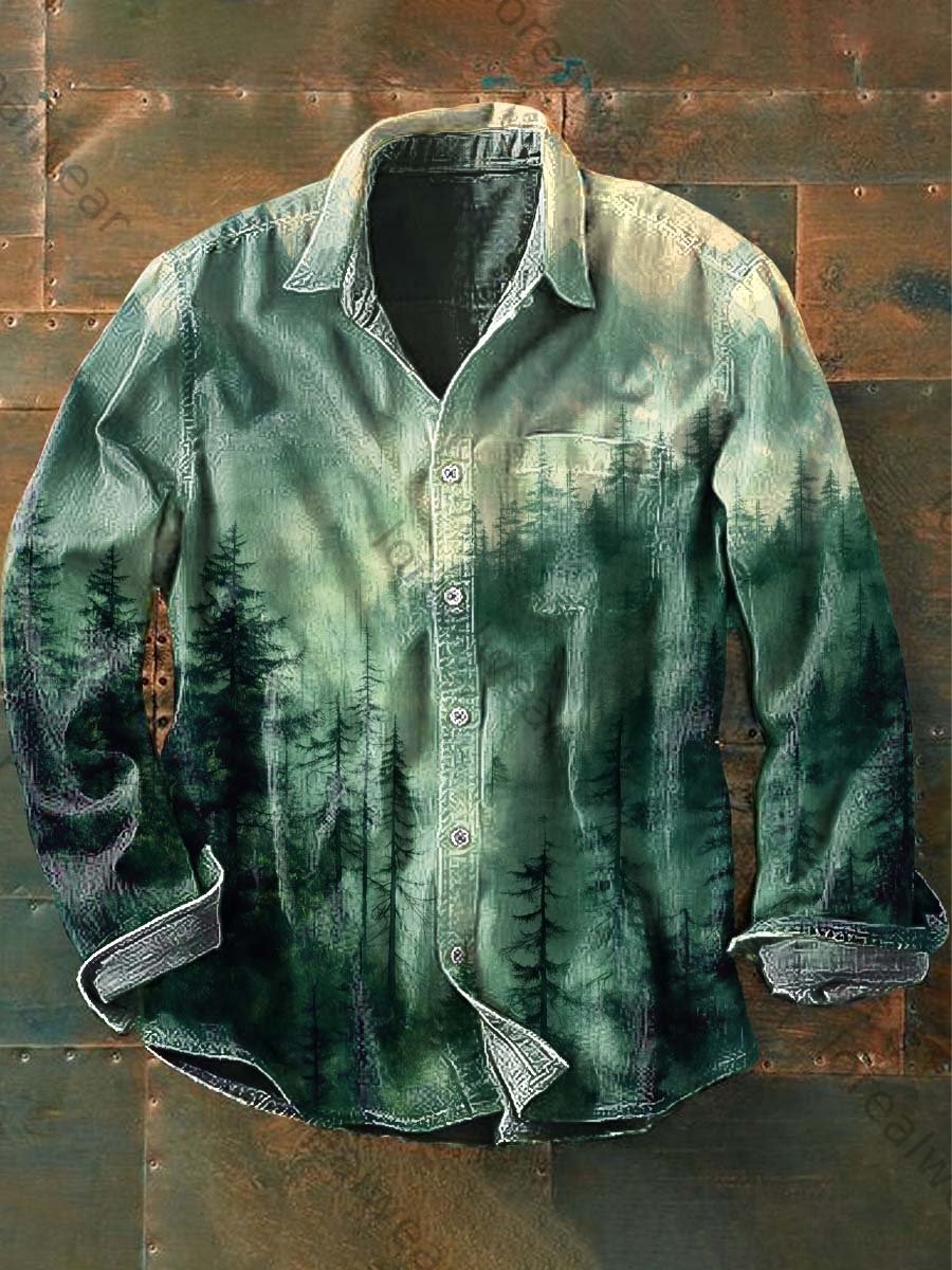 Lorealwear-Mens Misty Forest Print Casual Long Sleeve Shirt