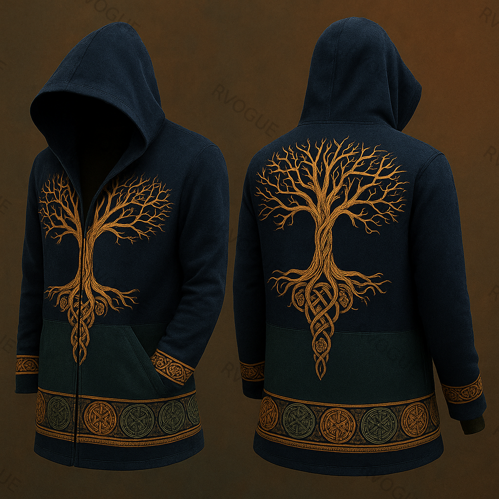 Men's Viking Tribal Celtic Runes Tree Of Life Vintage Totem Hooded Jacket