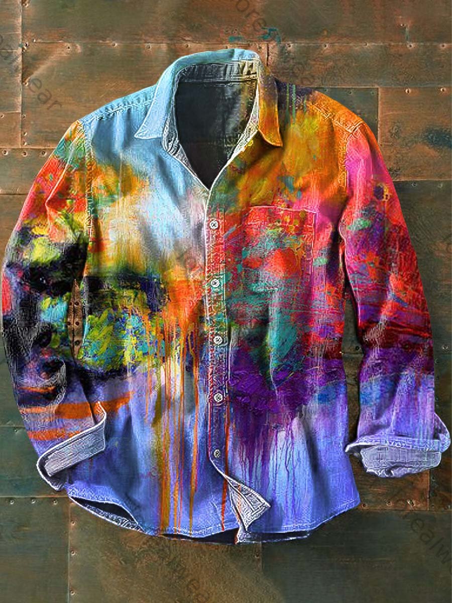 Lorealwear-Mens Vintage Colorful Oil Painting Print Casual Long Sleeve ...