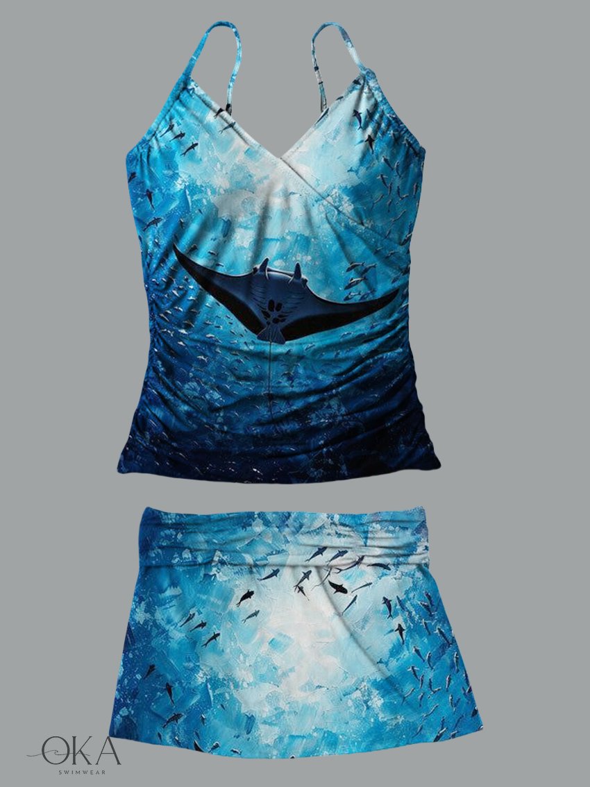 V-Neck Manta Rays Art Print Suspender Skirt Tankini Pantskirt Set Swimsuit