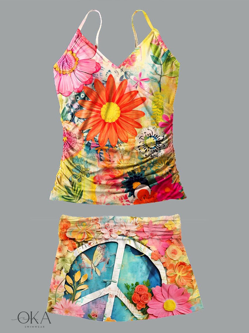 V-Neck Vintage Hippie Love and Peace Art Print Suspender Skirt Tankini ...