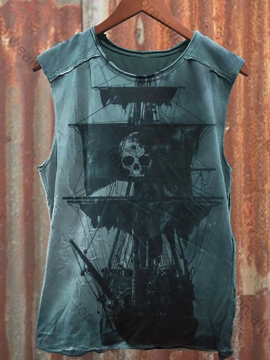 Lorealwear-Men's Casual Smoke Pirate Ship Printed Tank Top