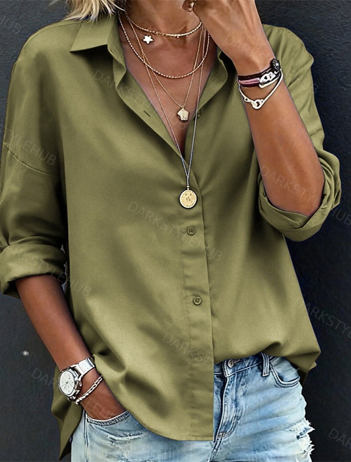 Women's Solid Color Buttons Cotton Long Sleeve Shirt