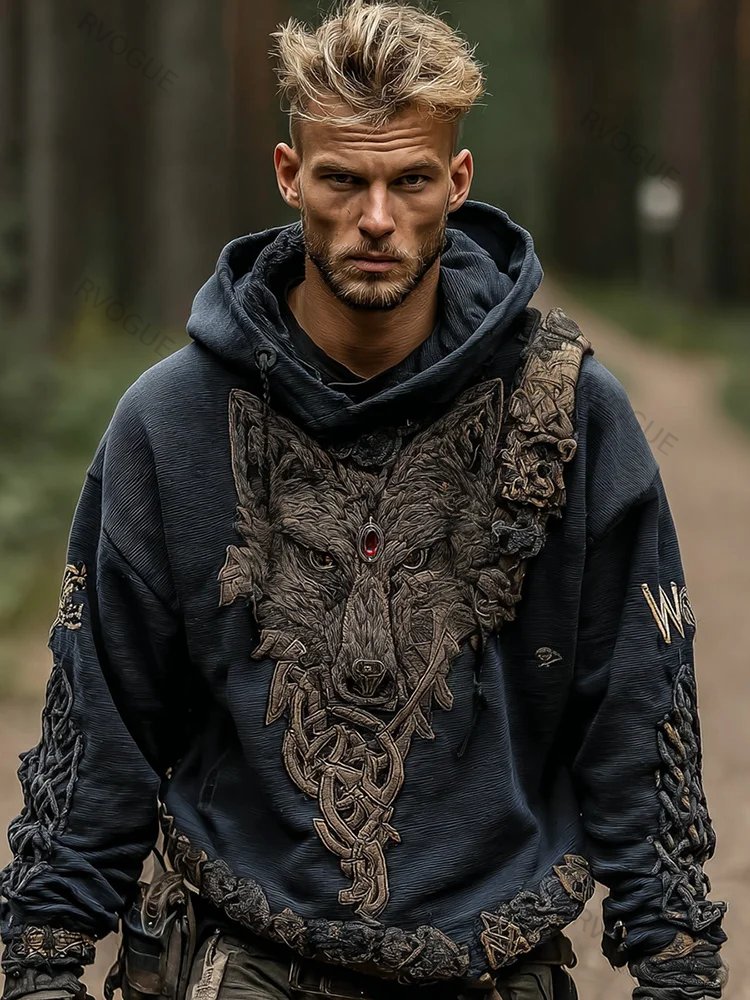 Men's Vintage Viking Celtic Wolf Art Hoodie