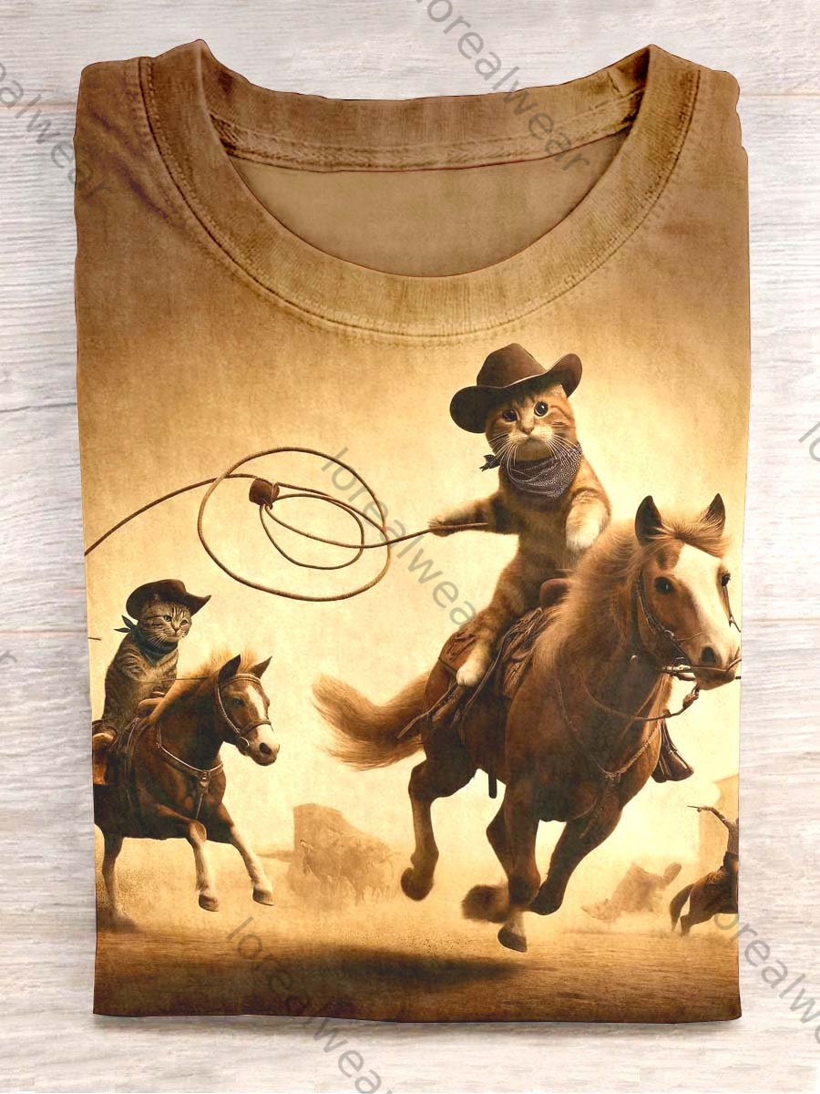 Unisex Western Cat Casual Print Design T-Shirt