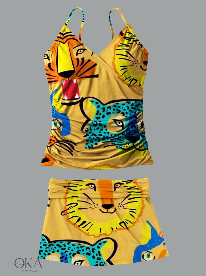 V-Neck Cute Tiger Print Suspender Skirt Tankini Pantskirt Set Swimsuit