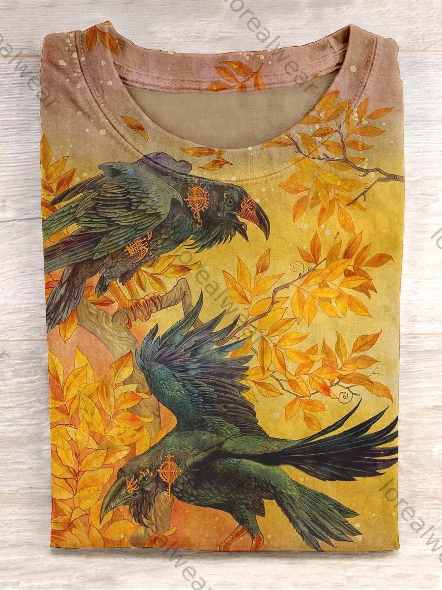 Lorealwear-Unisex Vintage Raven Print Casual Crew Neck T-Shirt