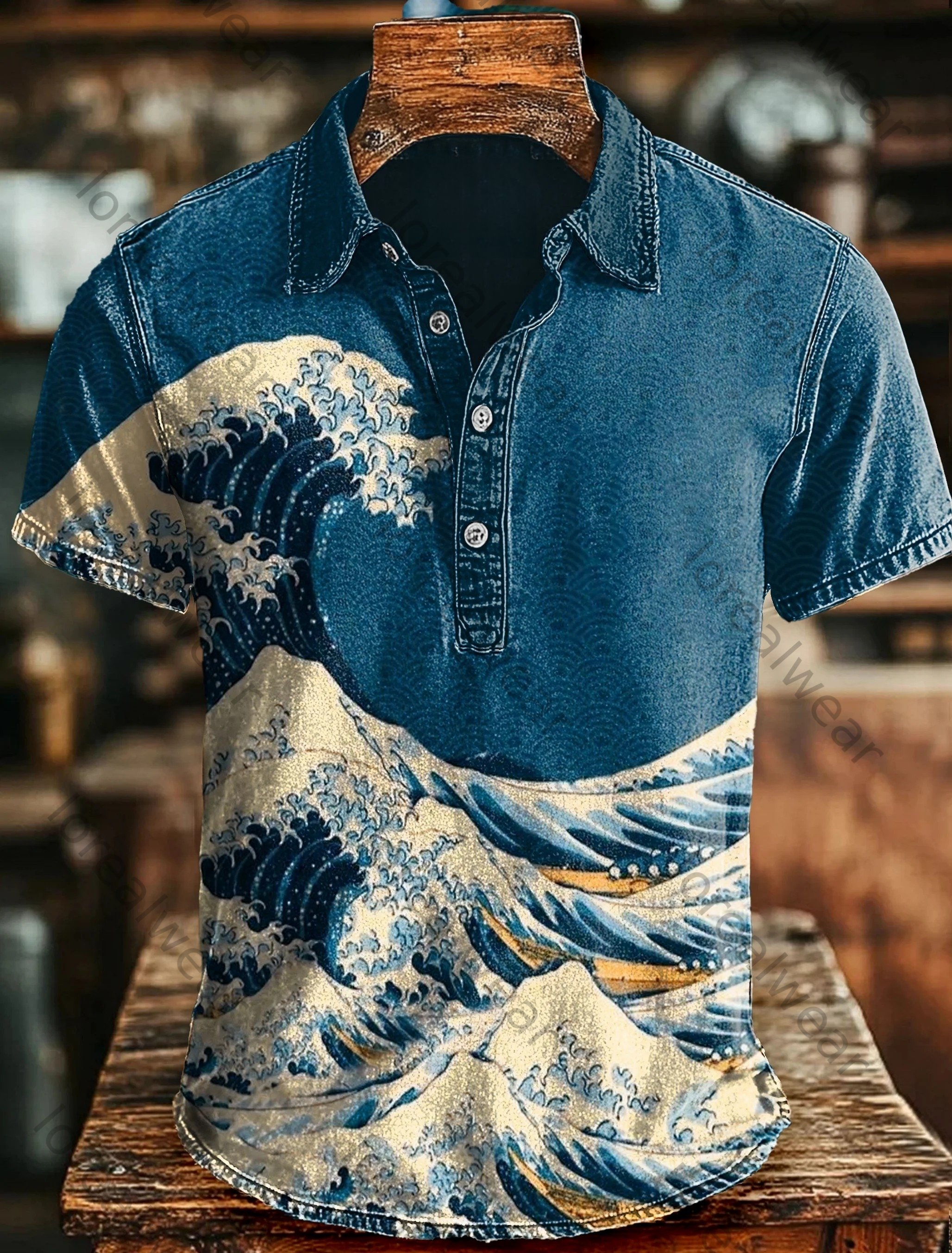LorealwearOcean Wave Retro Japanese Art Print Casaul Short SLeeve Polo ...
