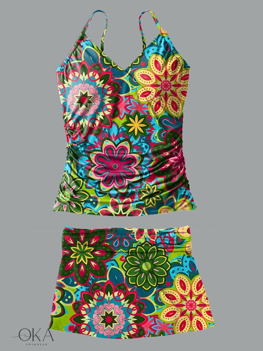 V-Neck Retro Hippie Paisley Pattern Print Suspender Skirt Tankini ...